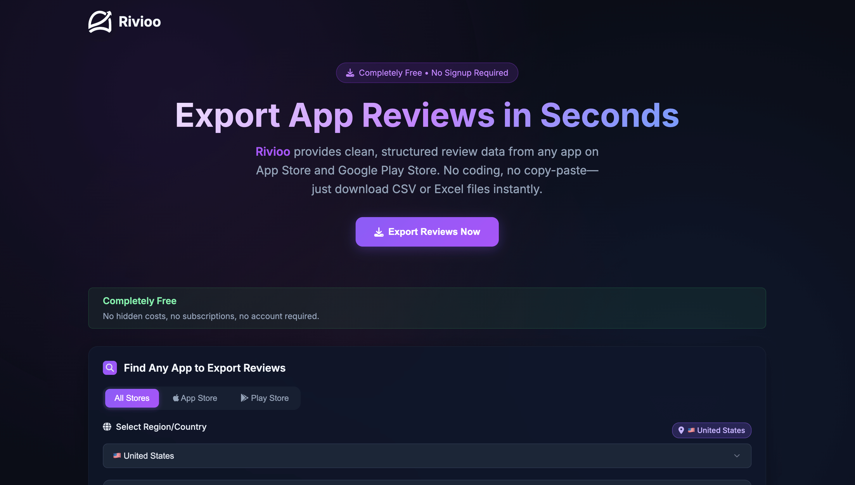 Rivioo - Free App Review Export Tool | Download CSV & Excel Files Instantly